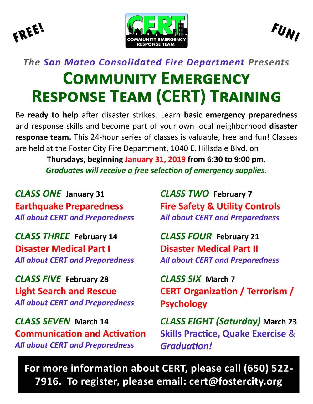 COMMUNITY EMERGENCY RESPONSE TEAM (CERT) CLASSES! | Foster City California